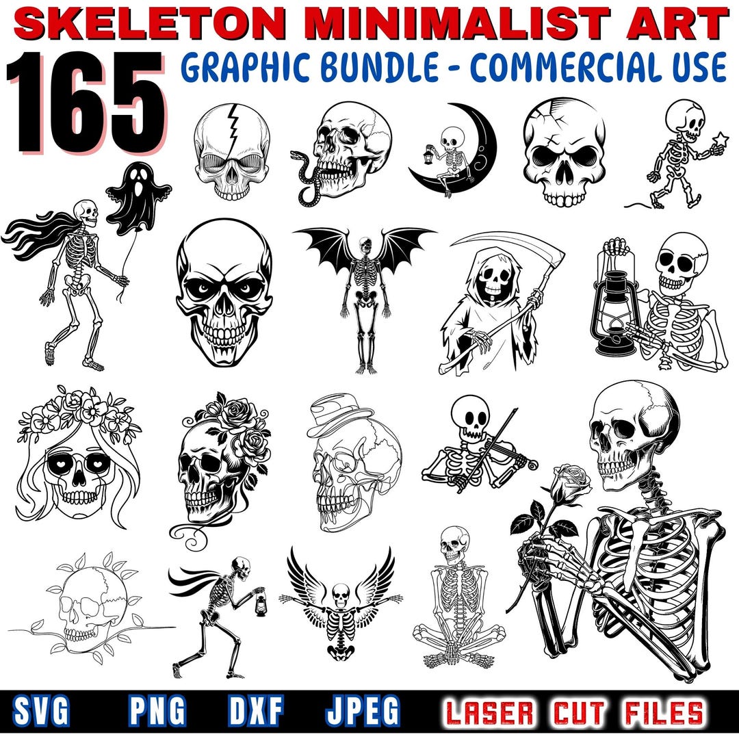 Minimalist Skeleton & Skull Laser Cut Files | Simple Line Art DXF Bundle | Glowforge Ready ...