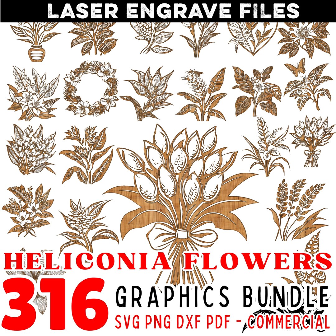 Heliconia Flower Laser Engraving Files | Tropical Floral DXF Bundle ...