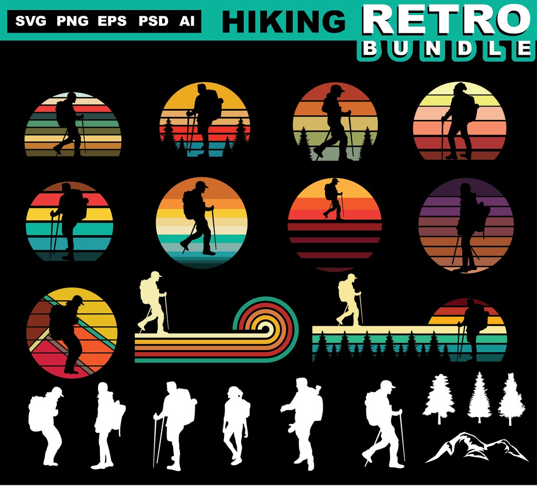 Hiking Svg Dxf Pdf Png Jpeg Bundle | Retro Mountain Climbing Svg ...