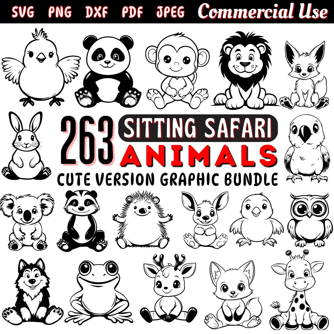 Cute Sitting Safari Animals Svg Dxf Png Pdf Jpeg Bundle Instant Digital ...