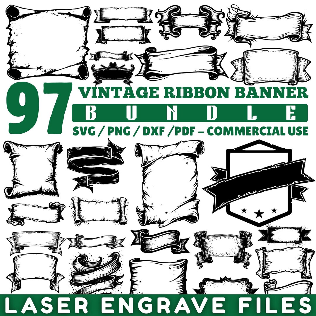 Laser Engrave Files Vintage Ribbon Banner Svg Png Pdf & Dxf Bundle ...