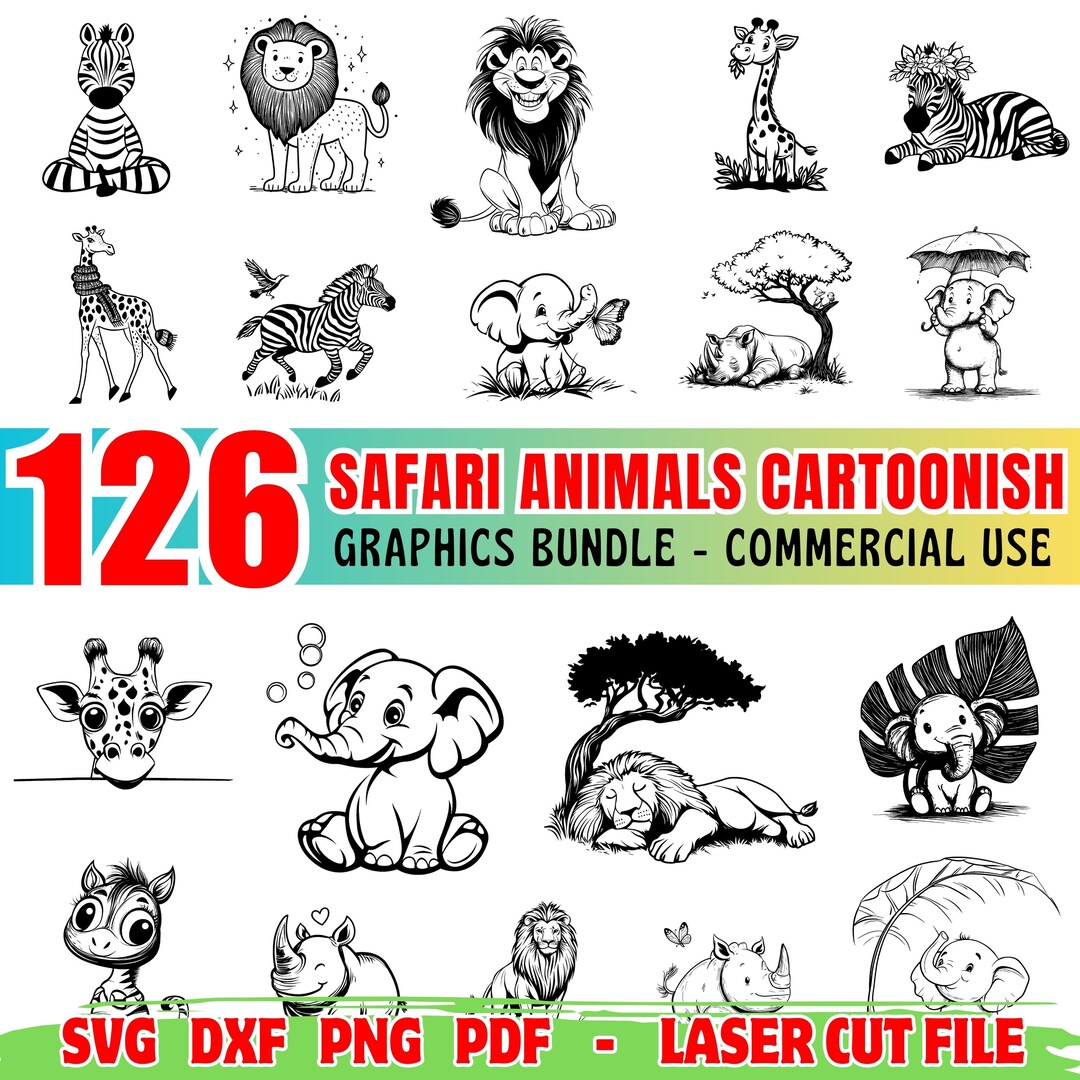 Safari Animals Cartoon Laser Cut File | Jungle Animal SVG DXF Bundle ...