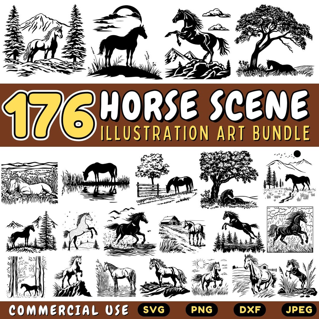 Horse Scene Illustration SVG | Scenic Horse Art Bundle | Horse DXF ...
