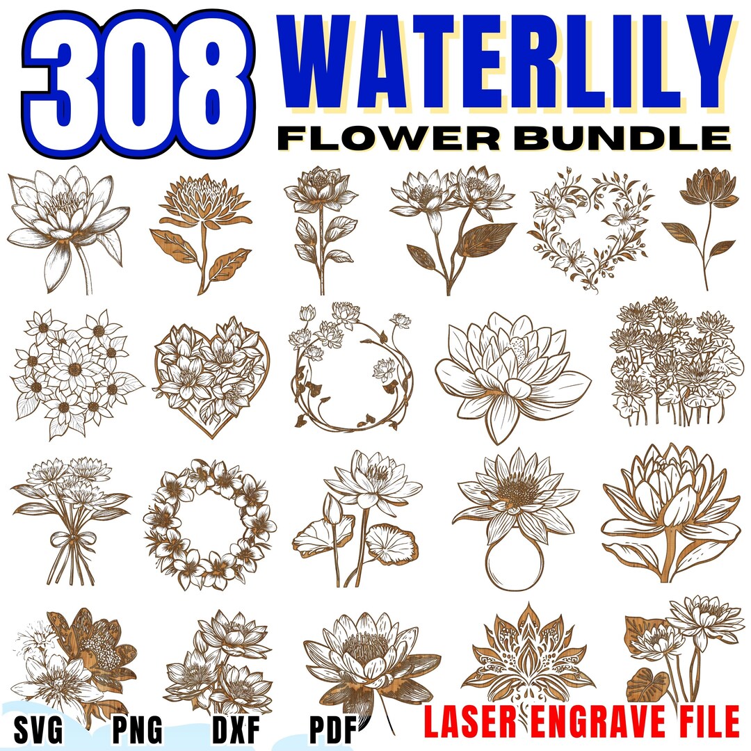 Water Lily Engraving | Lotus Line Art | Botanical Floral DXF | Engraved ...