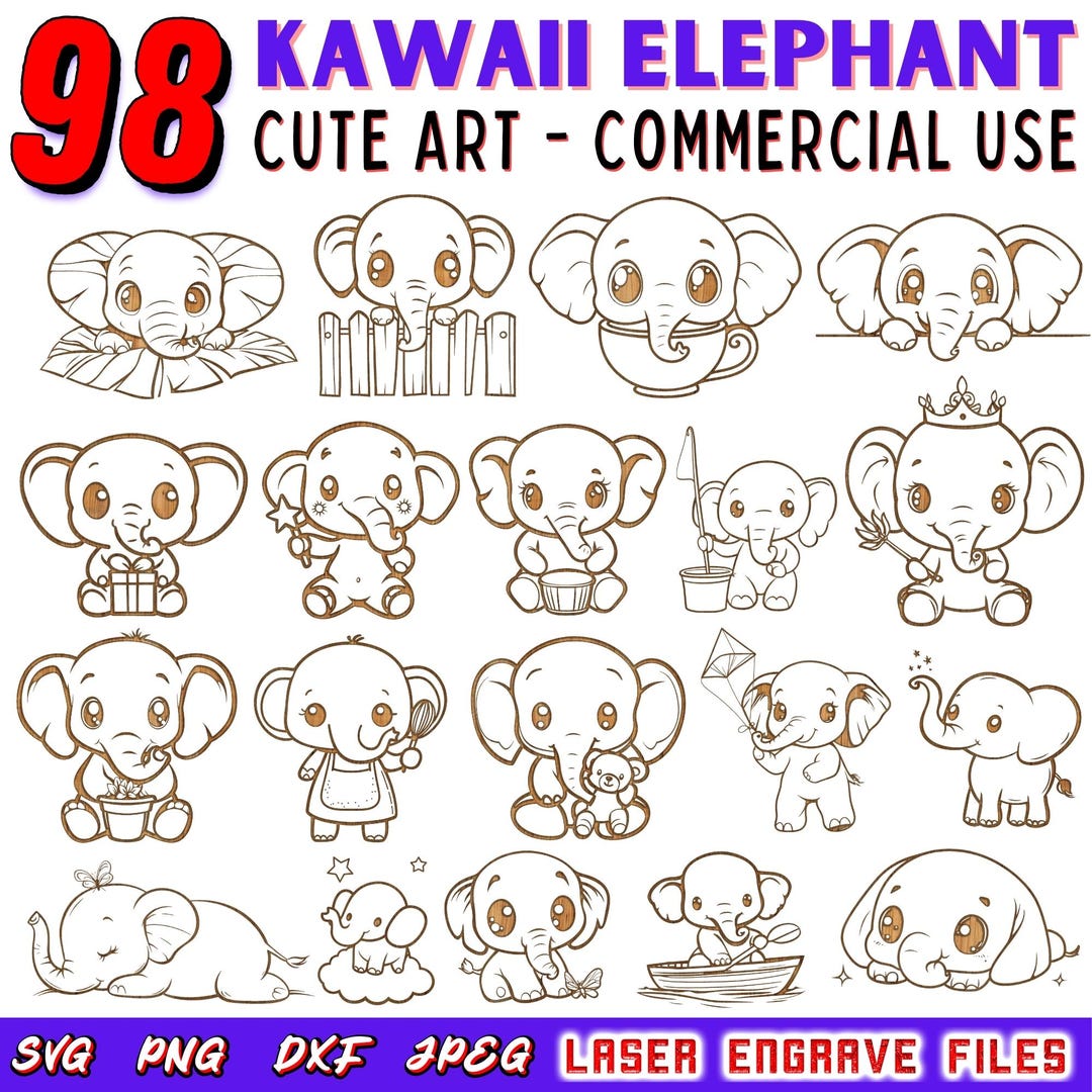 Kawaii Elephant Engraving Files Cute DXF Bundle Adorable Animal Art for ...