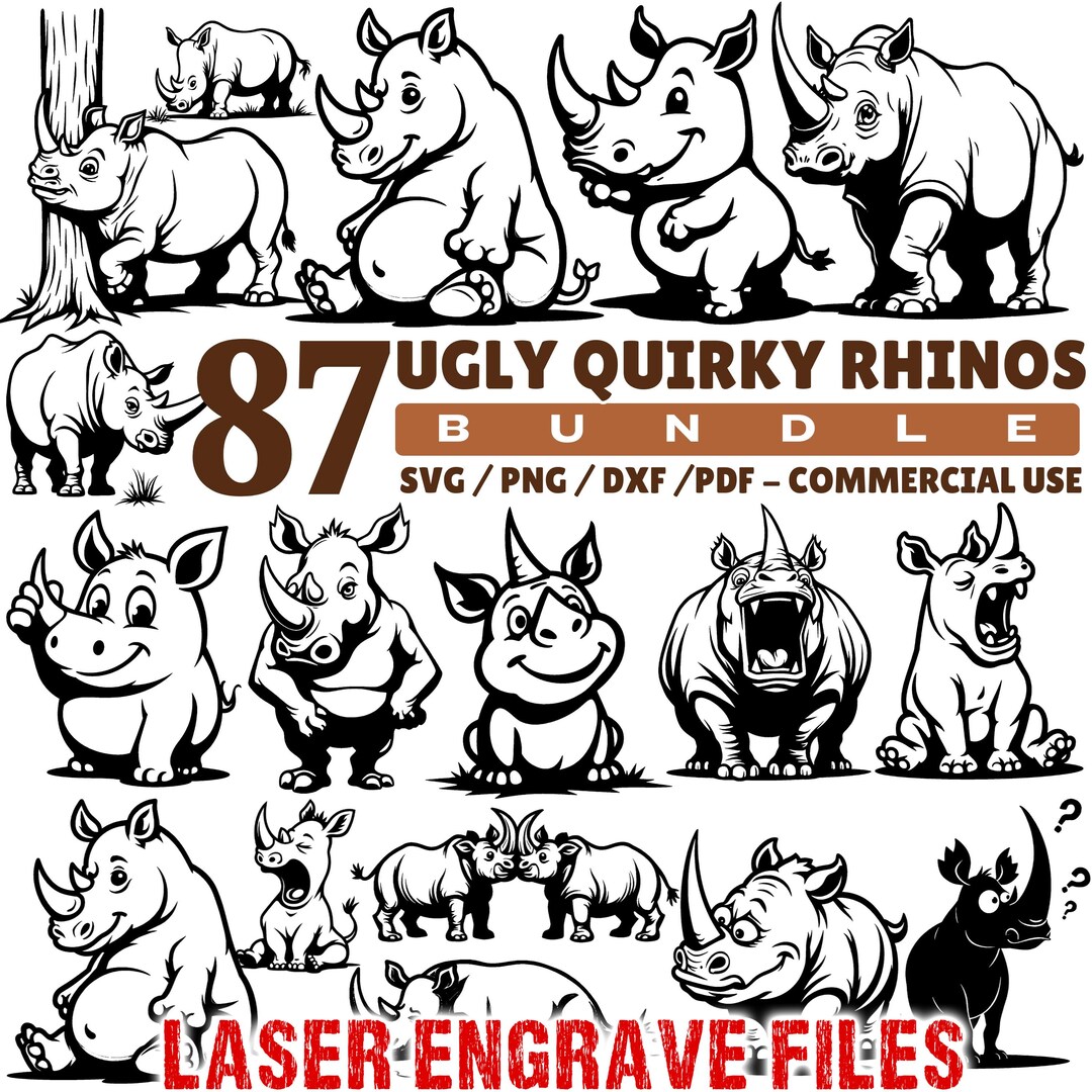 Laser Engrave Files Ugly Quirky Rhinos Svg Png Pdf & Dxf Bundle With ...