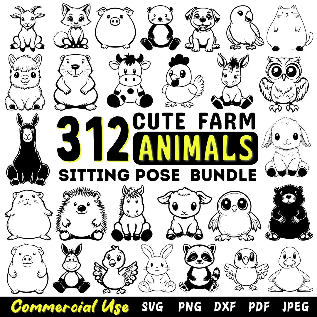 Cute Farm Animals Sitting Pose Svg Dxf Png Pdf Jpeg Bundle Instant ...