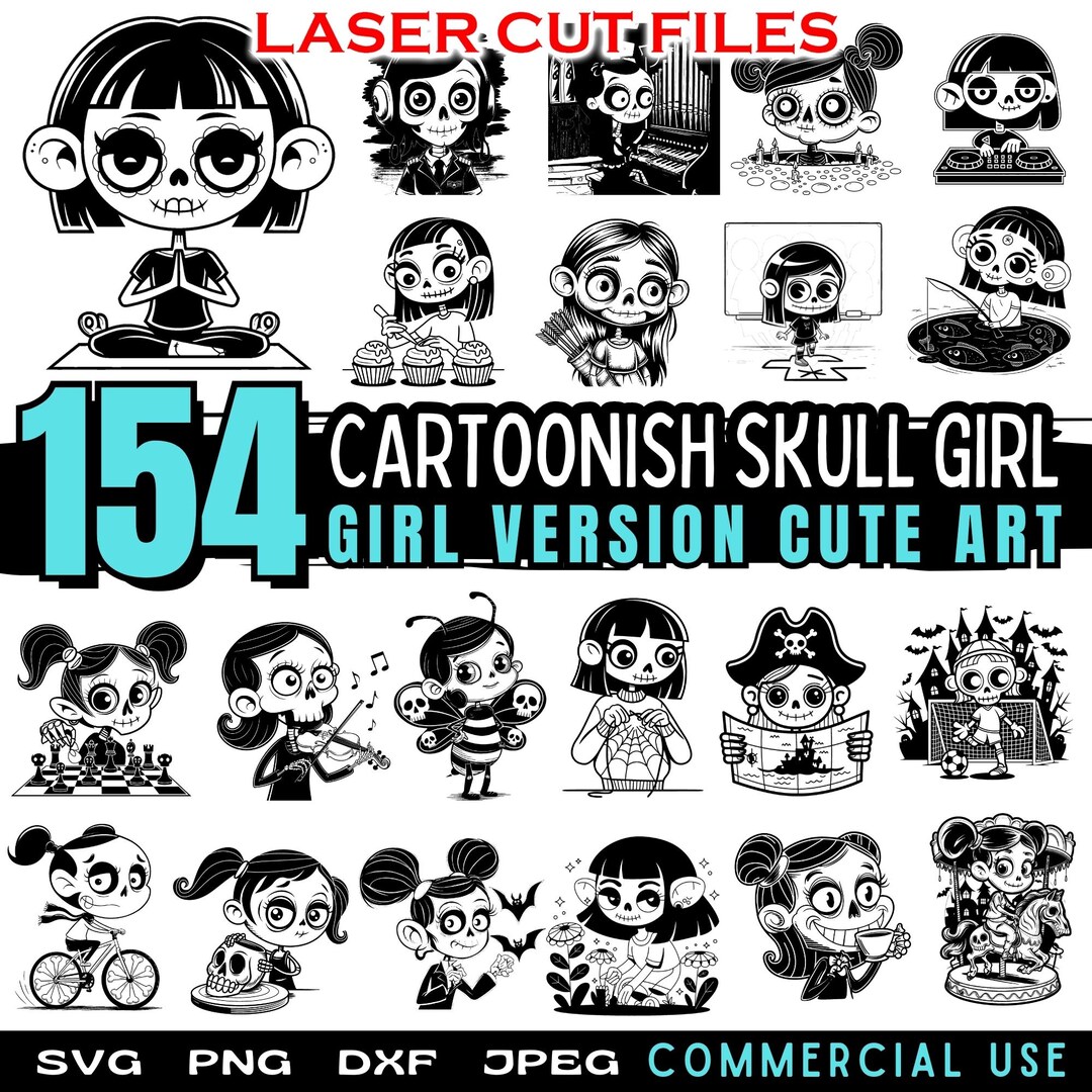 Skull Girl Laser Cut Files | Cute Skull Girl Vector Bundle | Cartoon ...