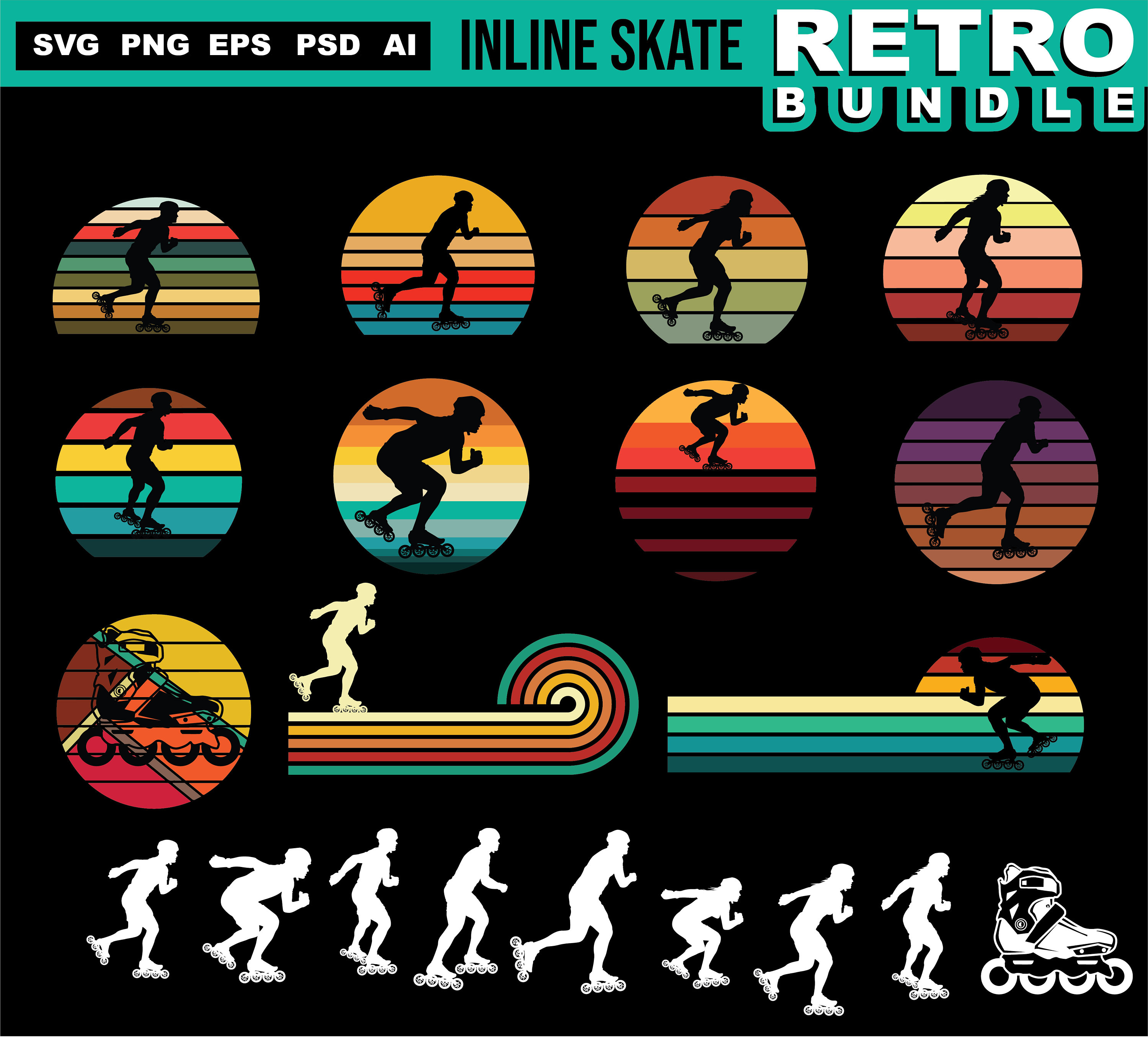 Retro Inline Skate Svg Png Bundle Roller Skater Clipart for Cricut ...