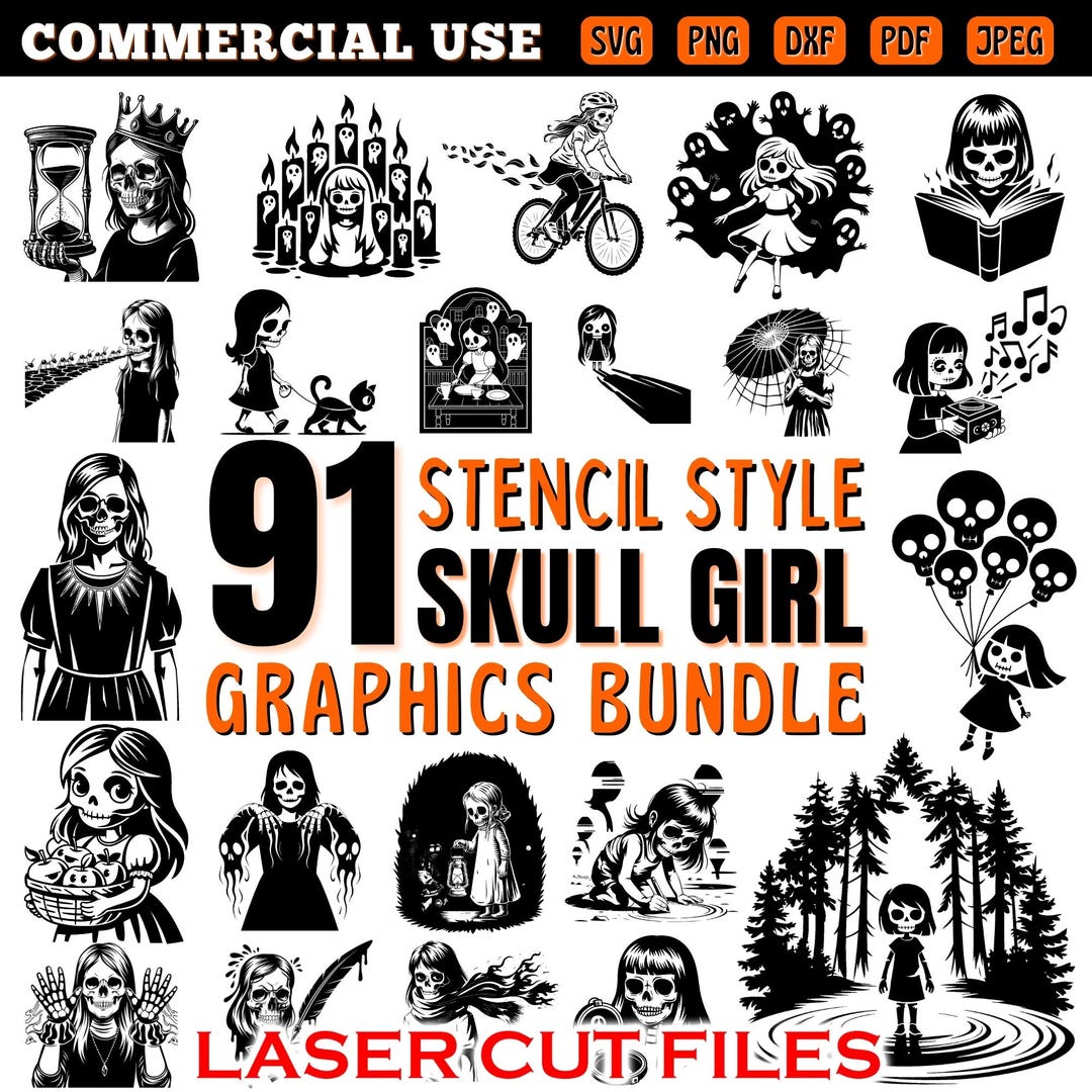 Stencil Style Skull Girl DXF Bundle | Feminine Skull Laser Cut Files ...
