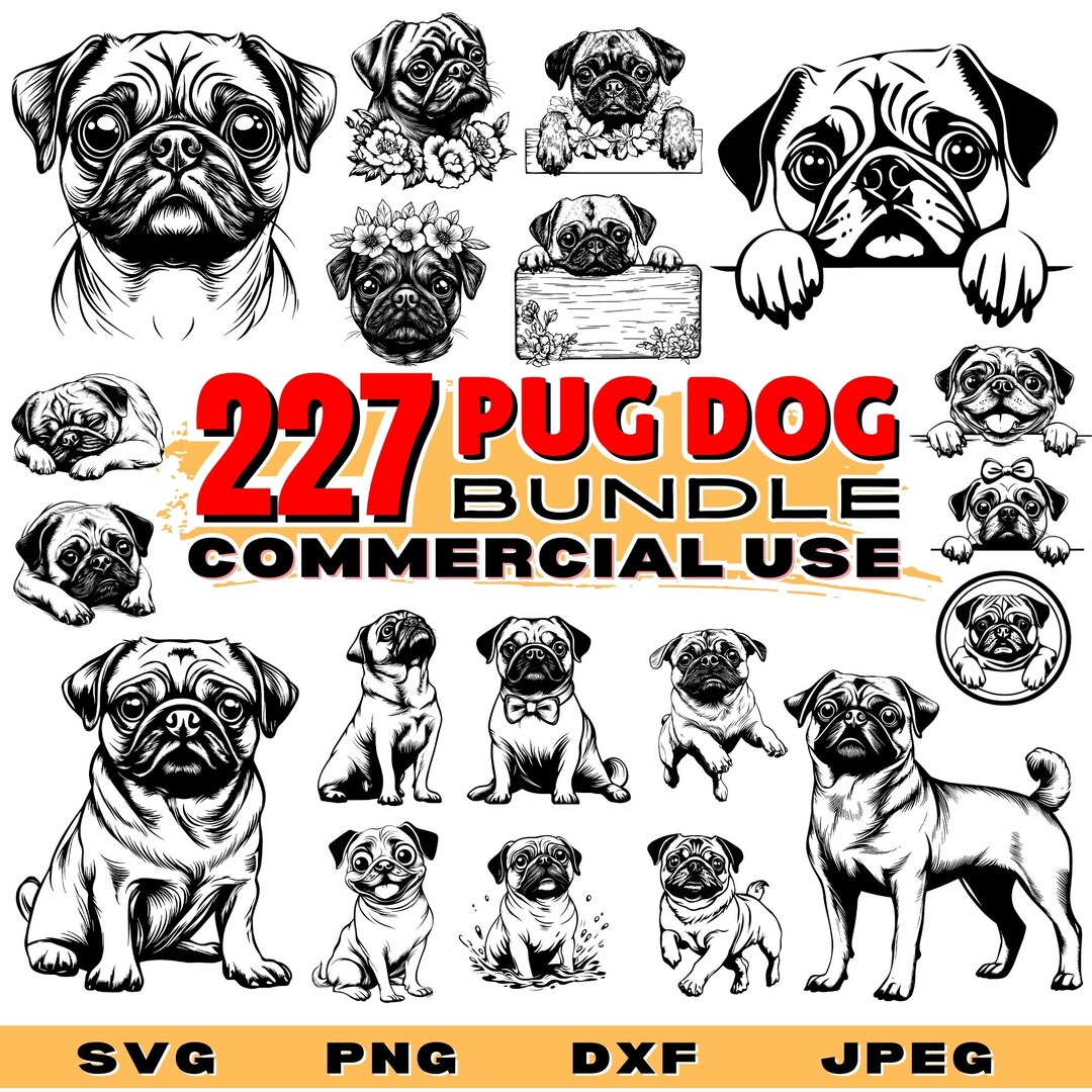 Pug Dog SVG Bundle | DXF Files for Cricut | Pug Silhouette Clipart ...
