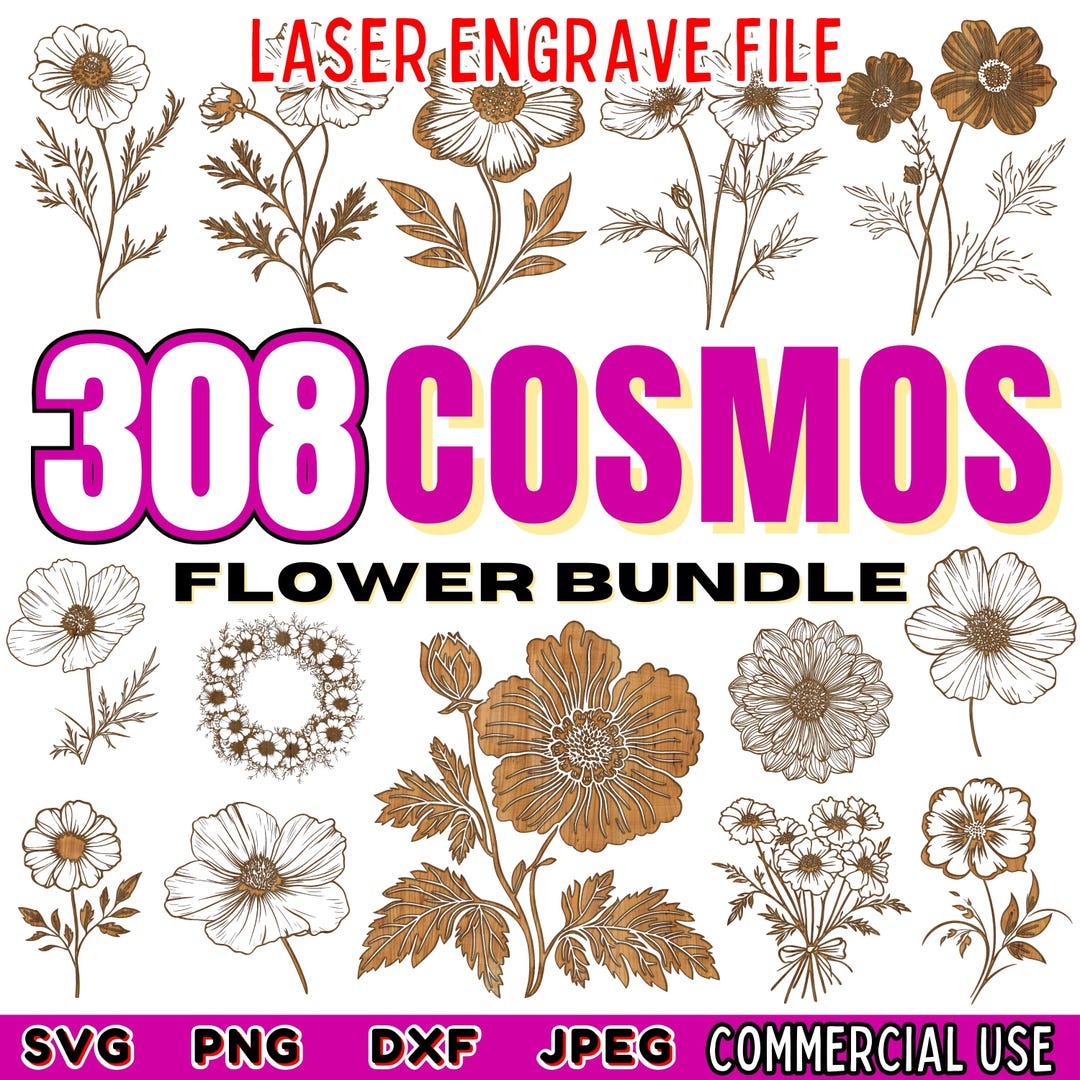 Cosmos Flower Engraving Designs | SVG & DXF Bundle Floral Line Art ...