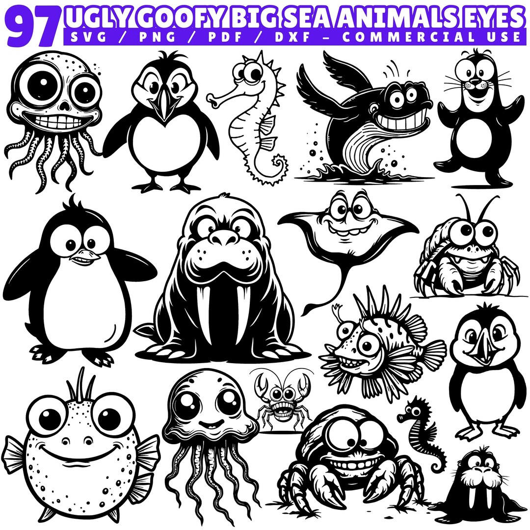 Ugly Goofy Big Eyes Sea Animals Svg Png Pdf & Dxf Bundle Funny Ocean ...