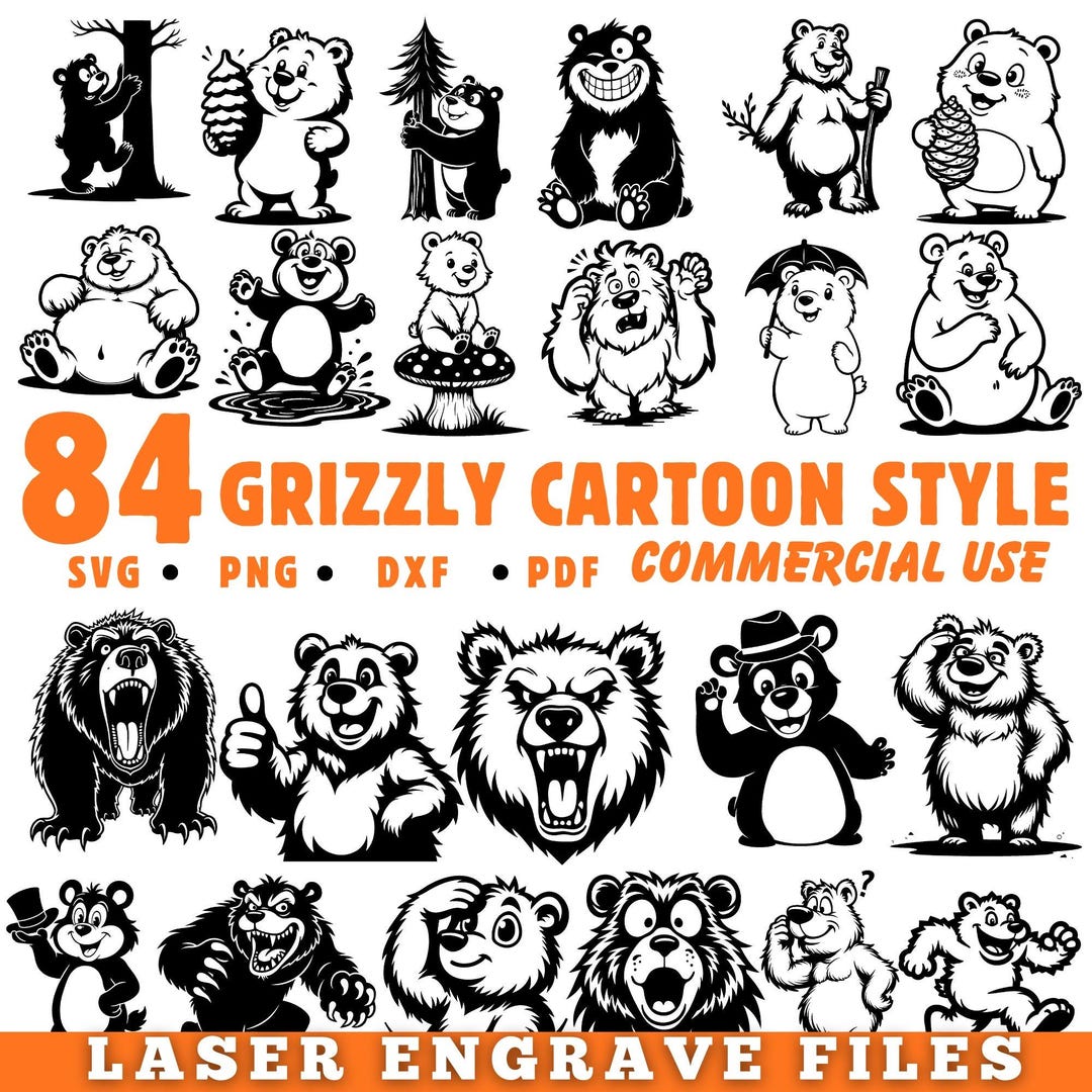 Laser Engrave Files Grizzly Cartoon Style Svg Png Pdf & Dxf Bundle ...