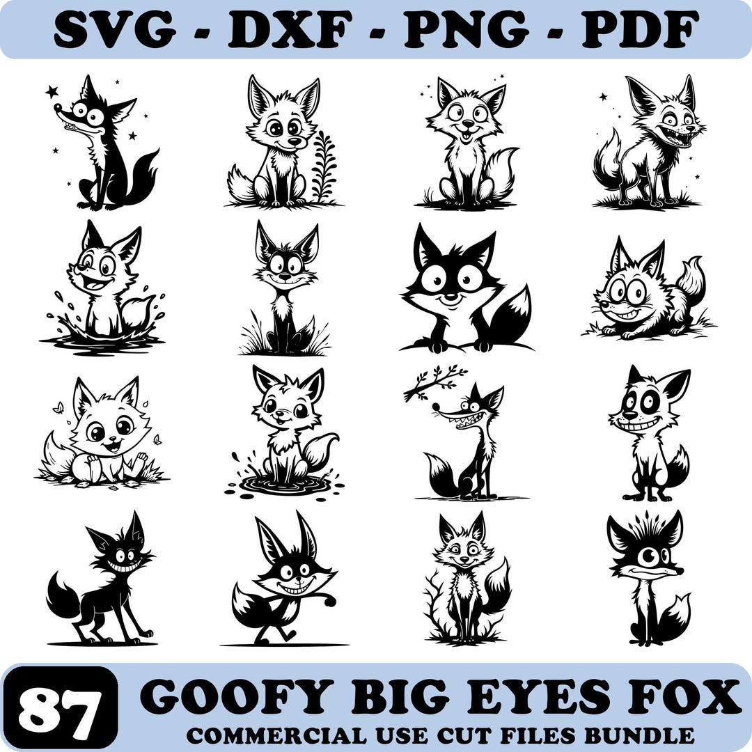 Goofy Big Eyes Fox Svg Png Pdf & Dxf Bundle – Funny Cartoon Fox Faces ...