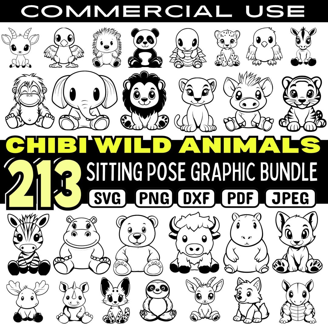Chibi Wild Animals Sitting Pose Svg Dxf Png Pdf Jpeg Bundle Instant ...