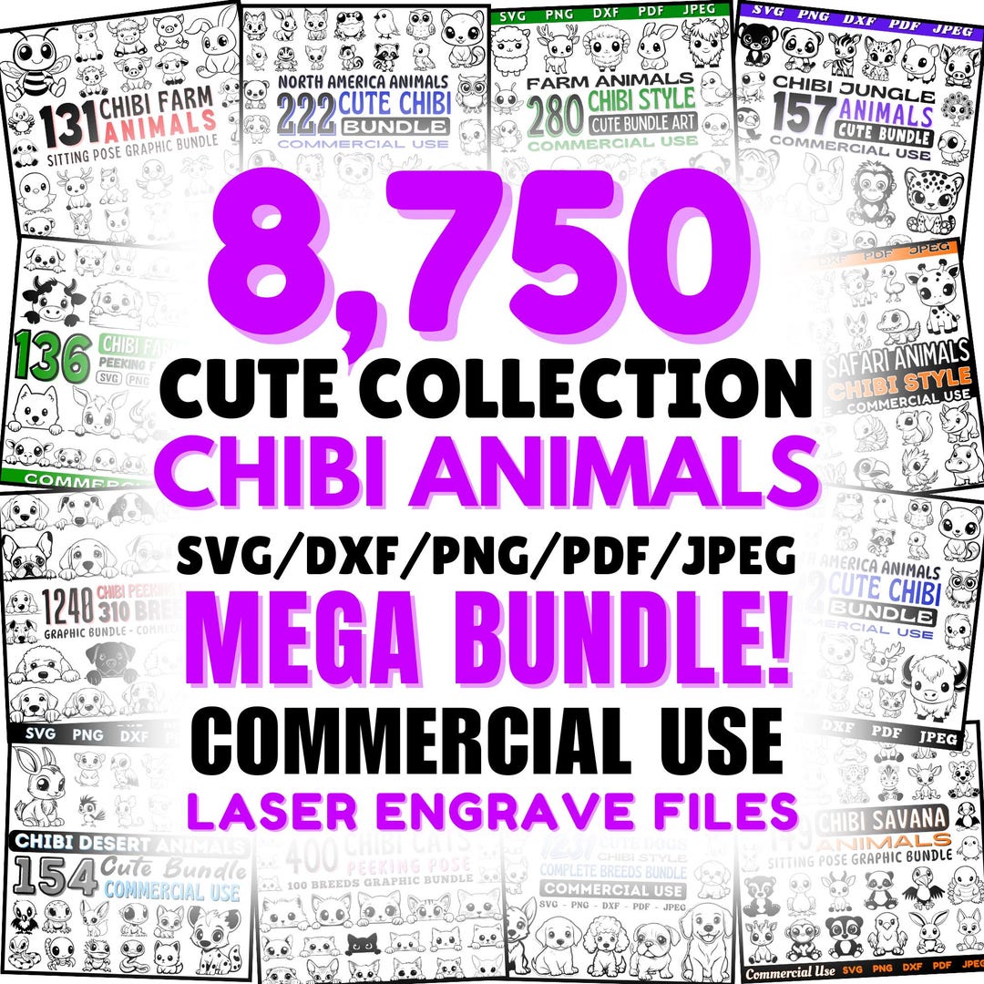 Cute Chibi Animals Svg Dxf Pdf Png Jpeg Bundle | Kawaii Cartoon Style ...