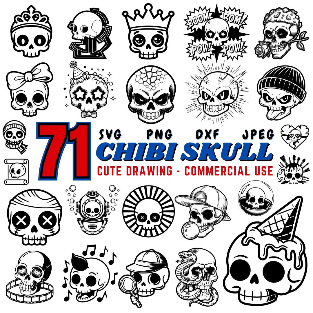 Chibi Skull Cute Drawing SVG Bundle | Kawaii Skull Cut Files ...