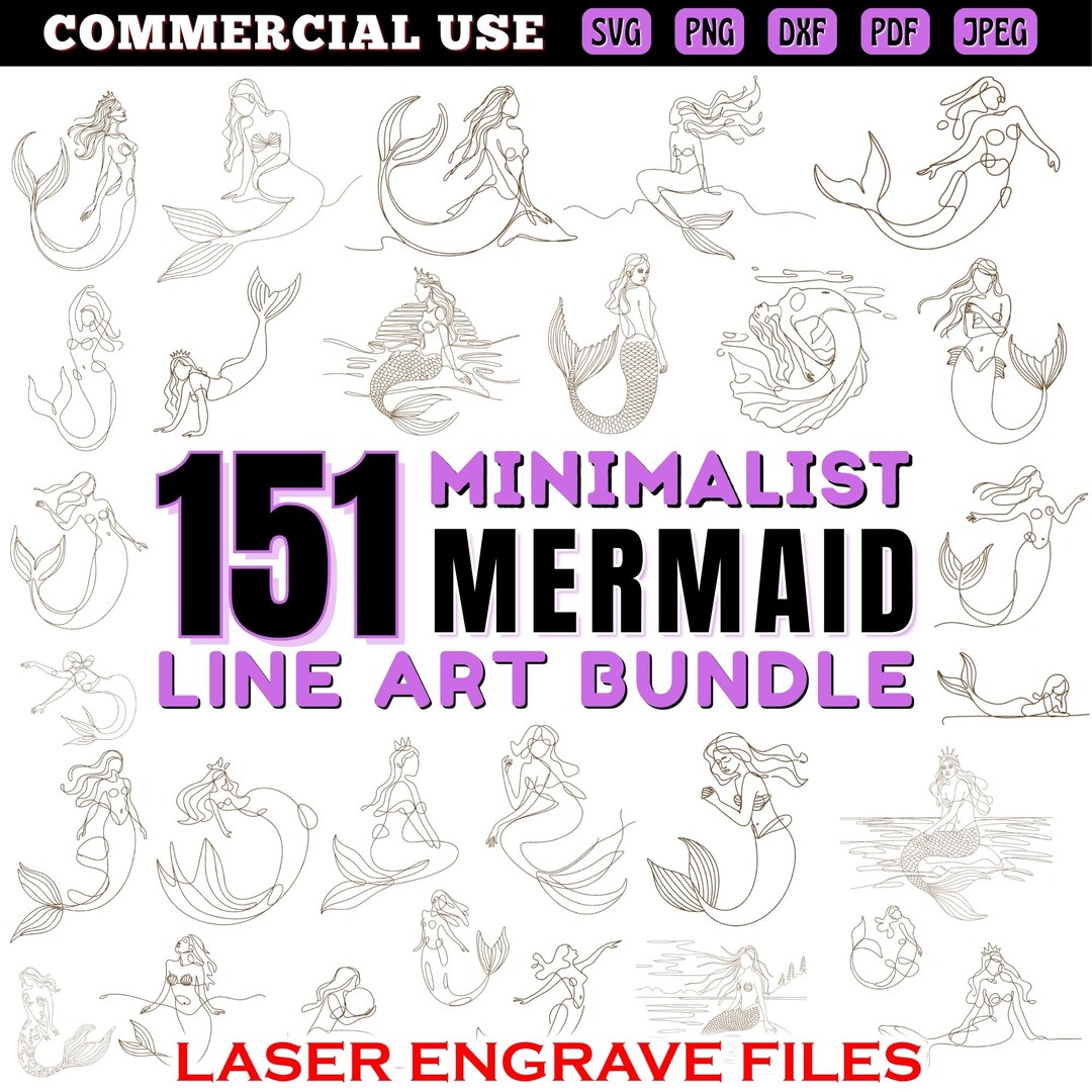 Minimalist Mermaid Line Art Engraving SVG DXF Bundle | Mermaid Outline ...