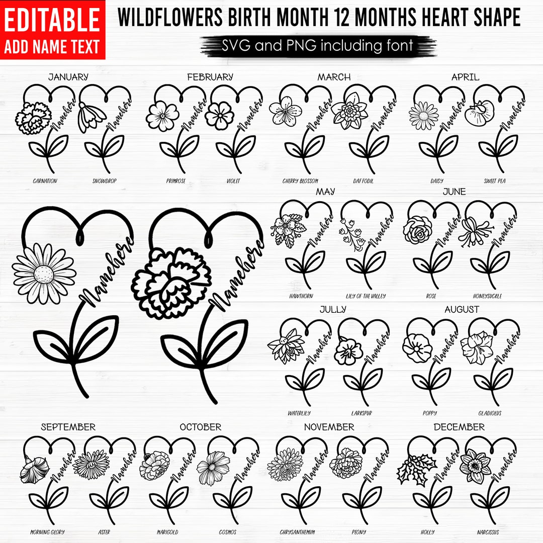 Laser Cut Files Wildflowers Birth Month Heart Shape Stem SVG, PNG ...