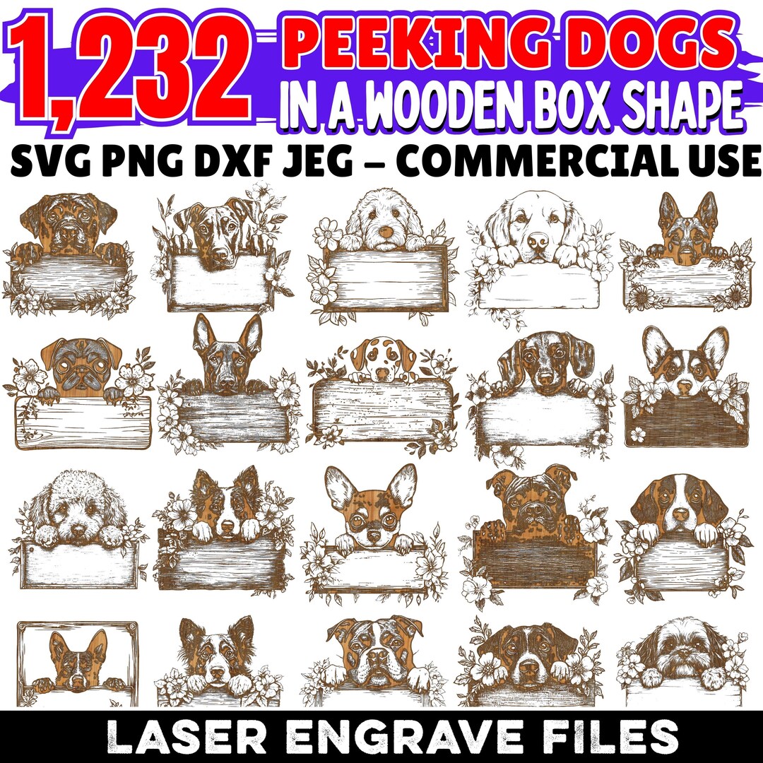 Peeking Dogs in Wooden Box Shape SVG | DXF Bundle | Dog Silhouette ...