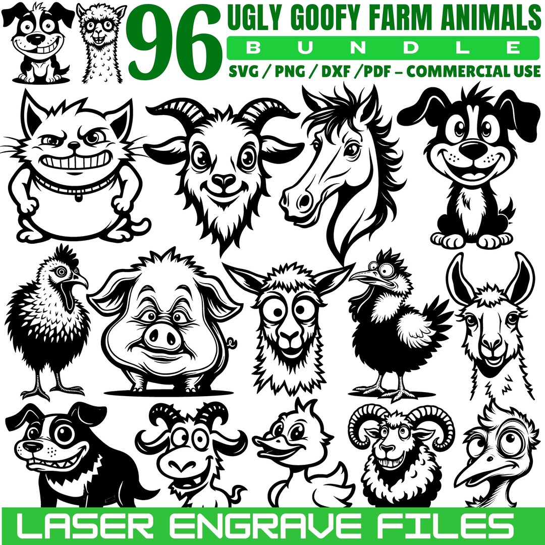 Laser Engrave Files Ugly Goofy Farm Animals Svg Png Pdf & Dxf Bundle ...
