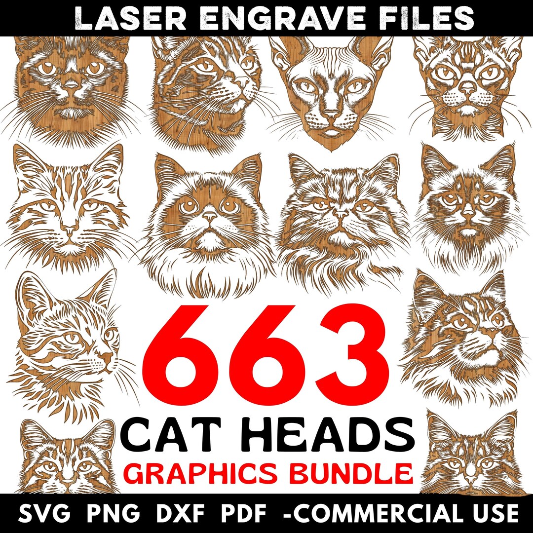 Cat Breeds Head Engraving Designs | SVG & DXF Bundle | Intricate Feline ...