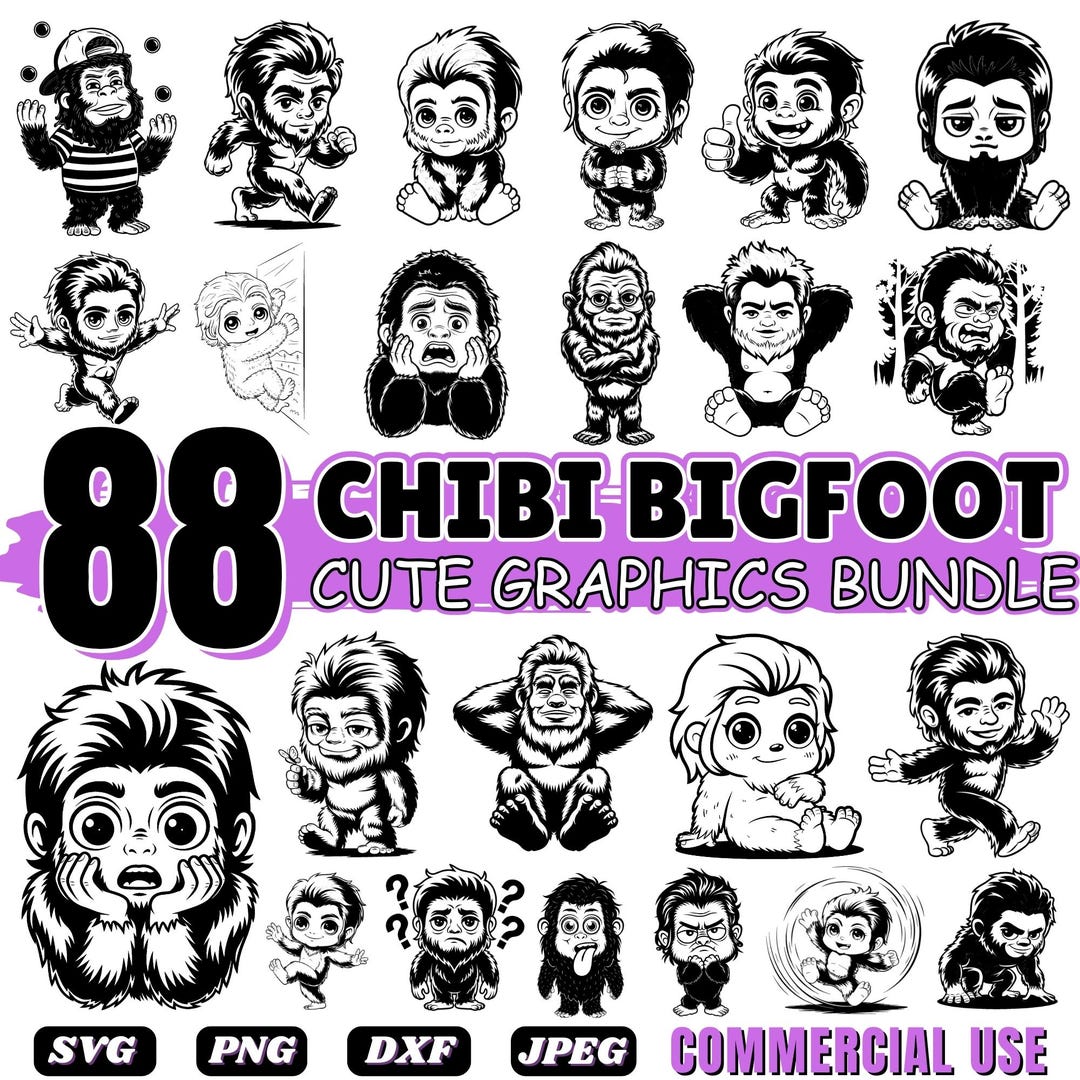 Chibi Bigfoot Cute Graphics SVG | Kawaii Sasquatch Clipart Bundle ...