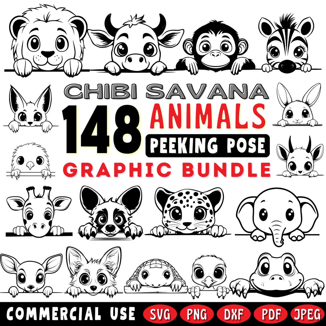 Peeking Chibi Savanna Animals Svg Dxf Png Pdf Jpeg Bundle Instant ...