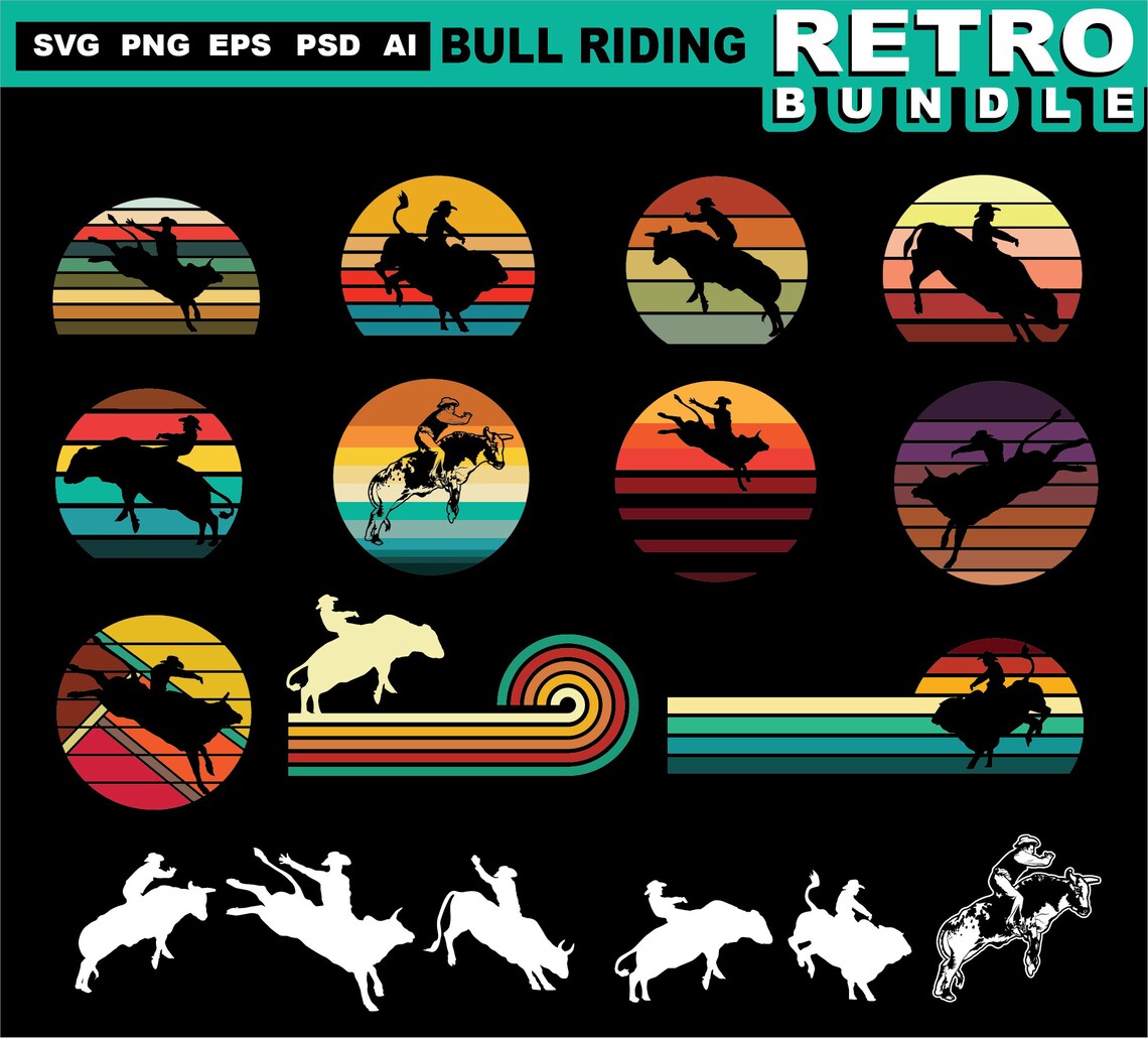 Bull Riding Svg Files Bull Riding RETRO BUNDLE Rodeo Cowboy | Etsy