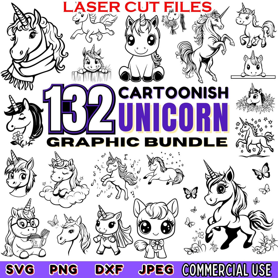 Cartoonish Unicorn Laser Cut Files | Unicorn SVG DXF Bundle | Cute ...