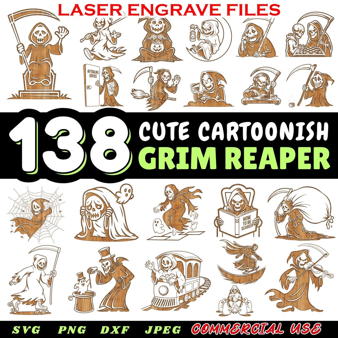 Cute Grim Reaper Laser Engraving Bundle | Cartoonish Reaper DXF Files ...