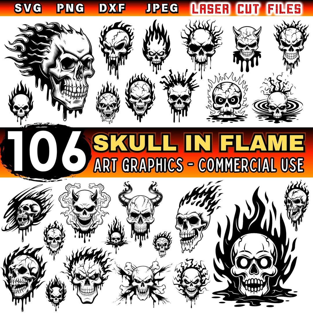 Flaming Skull Laser Cut Files | Fire Skull DXF Bundle | Hot Skull Art ...