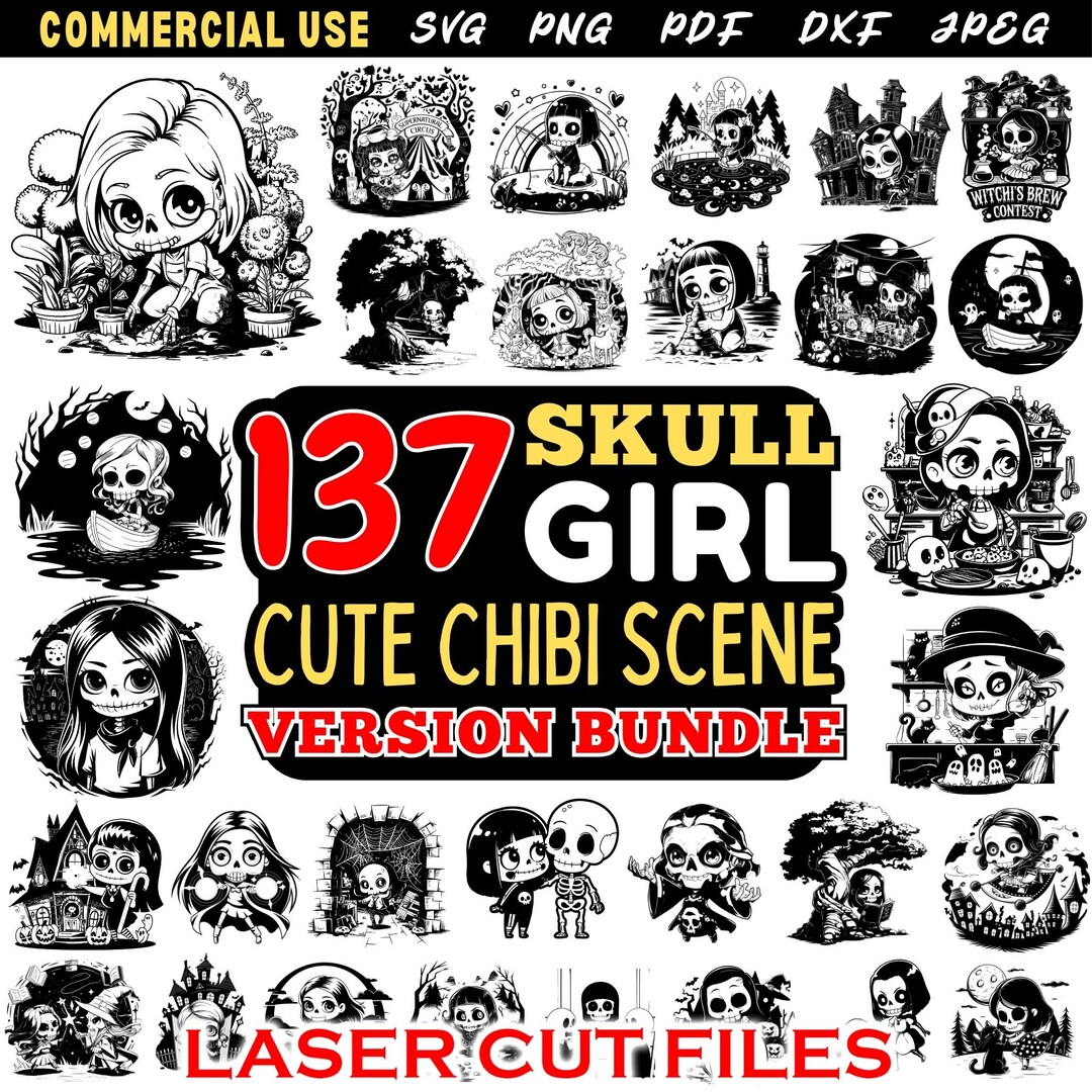 Chibi Skull Girl Scene Laser Cut Files | Kawaii Skeleton Vector ...