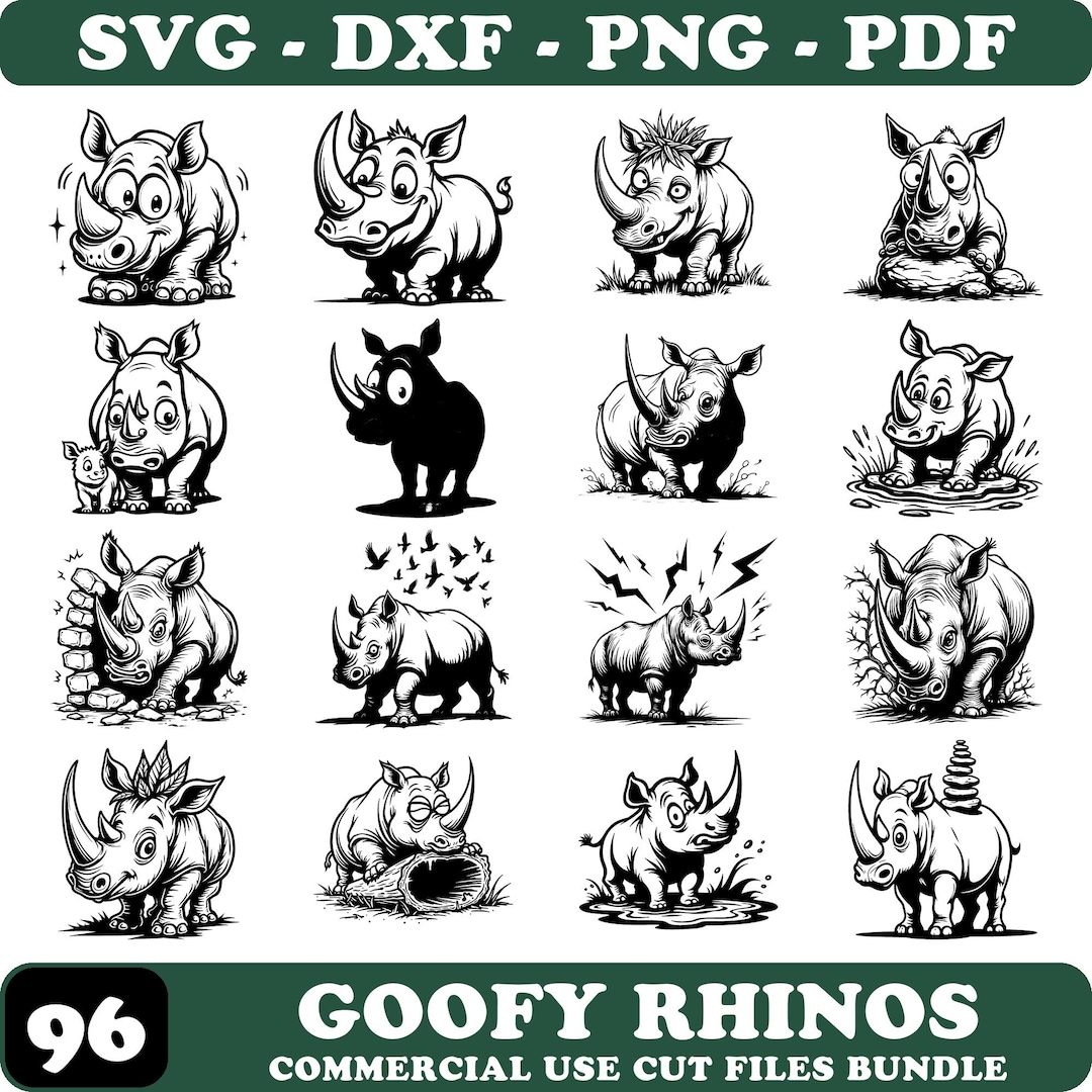 Goofy Rhino Svg Png Pdf & Dxf Bundle | Funny Rhino Animal Designs for ...