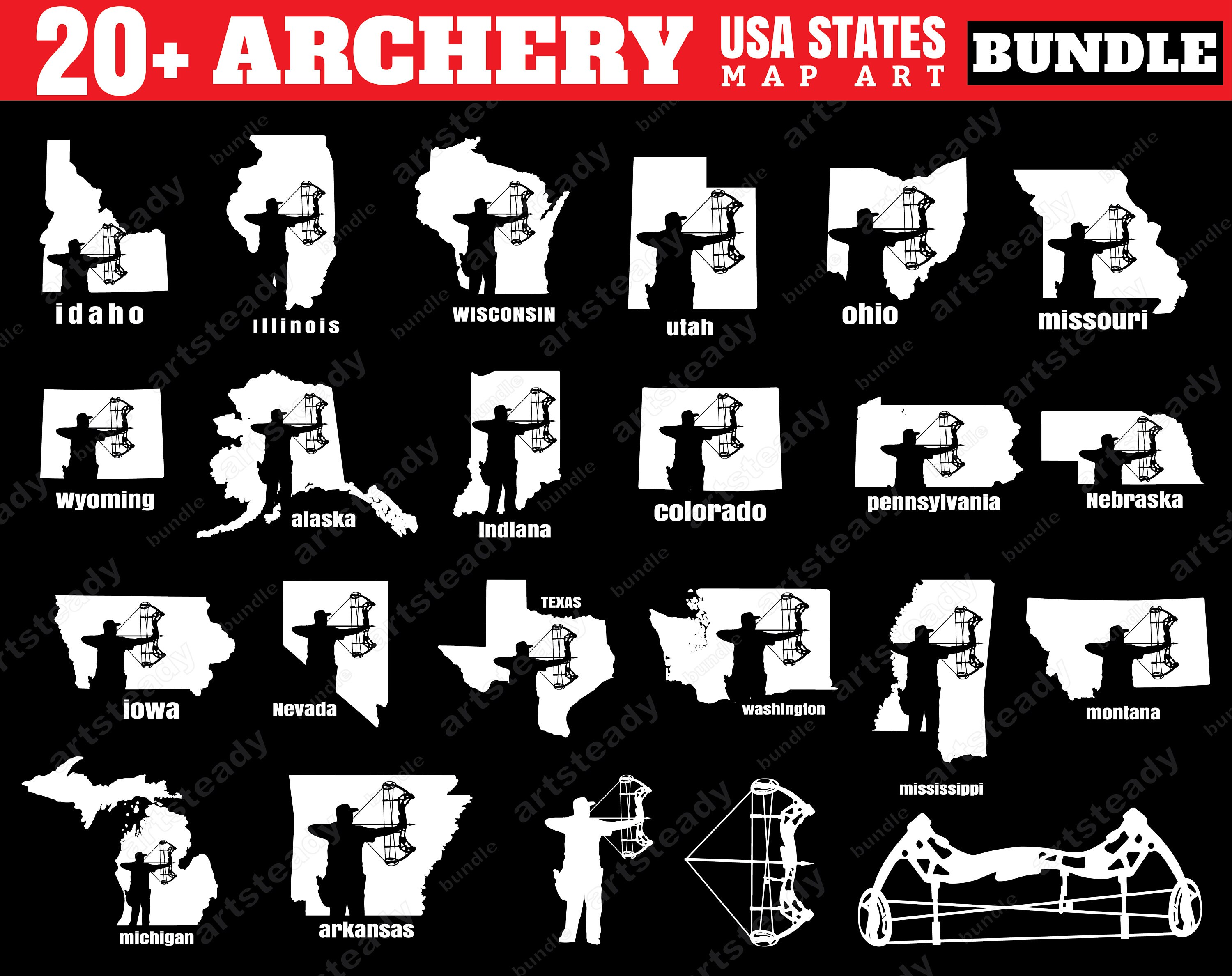 Archery Svg US States MAP Art BUNDLE Graphics Archer or | Etsy