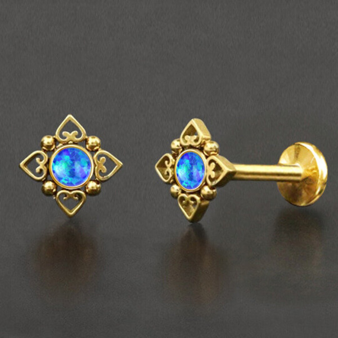 18g or 16g GOLD Blue Opal and Surgical Steel Internally Threaded Labret ...