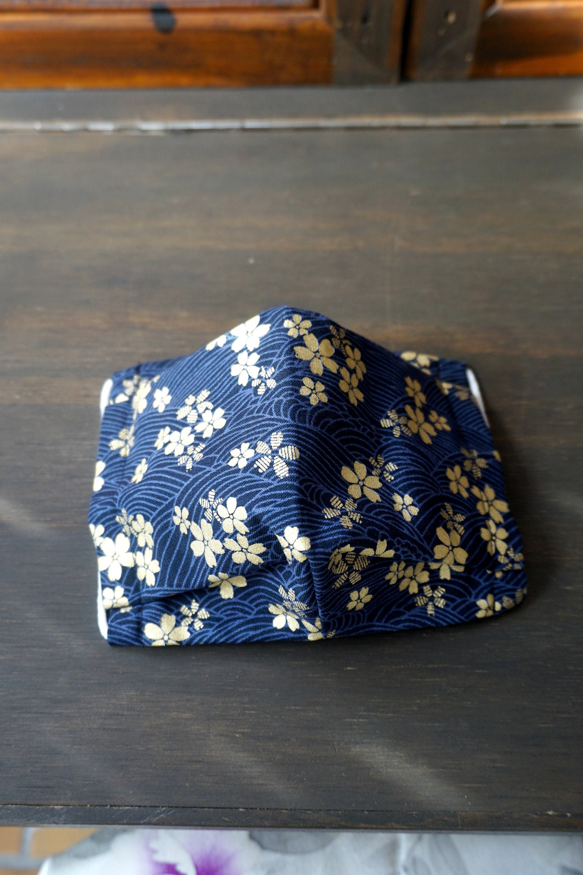 Japanese Full Cotton Double Layered Face Mask - Blue and Gold Sakura - Etsy
