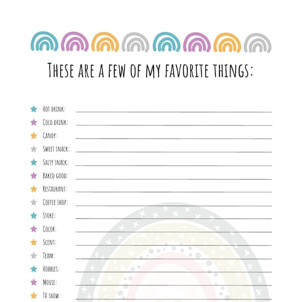 Printable Favorite Things Form - Etsy Canada