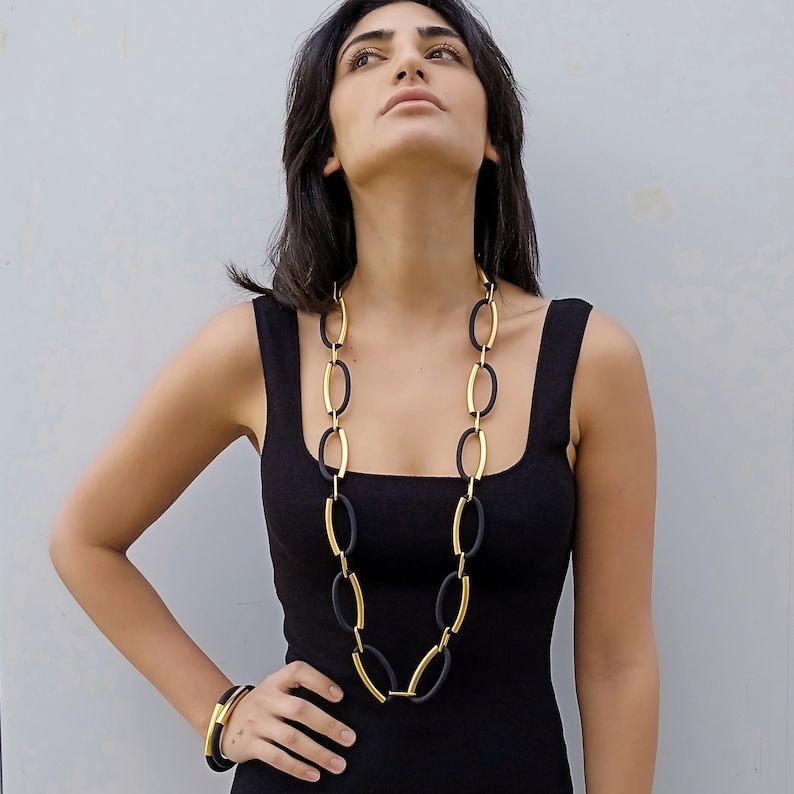 Long Statement Necklace for Women, Long Black and Gold Necklace With ...
