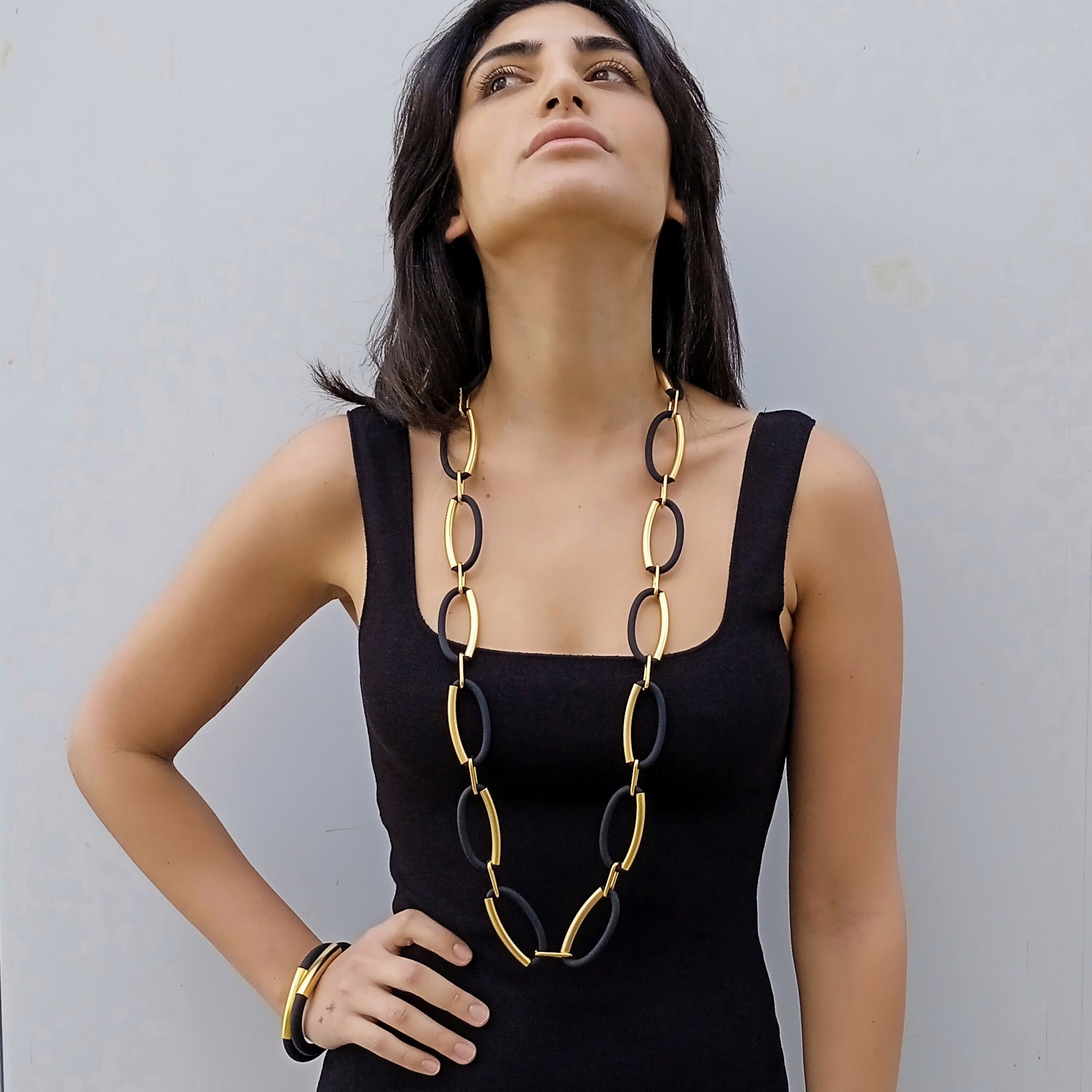 Long Statement Necklace for Women, Long Black and Gold Necklace With ...