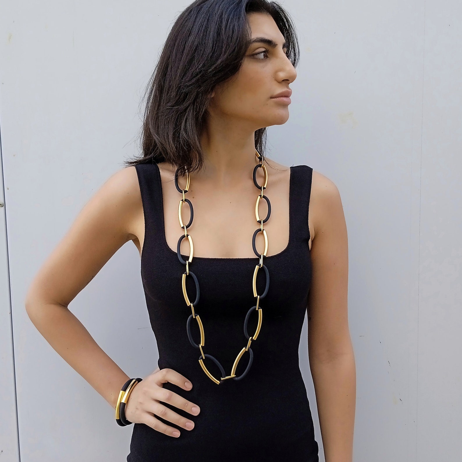Long Statement Necklace for Women, Long Black and Gold Necklace With ...