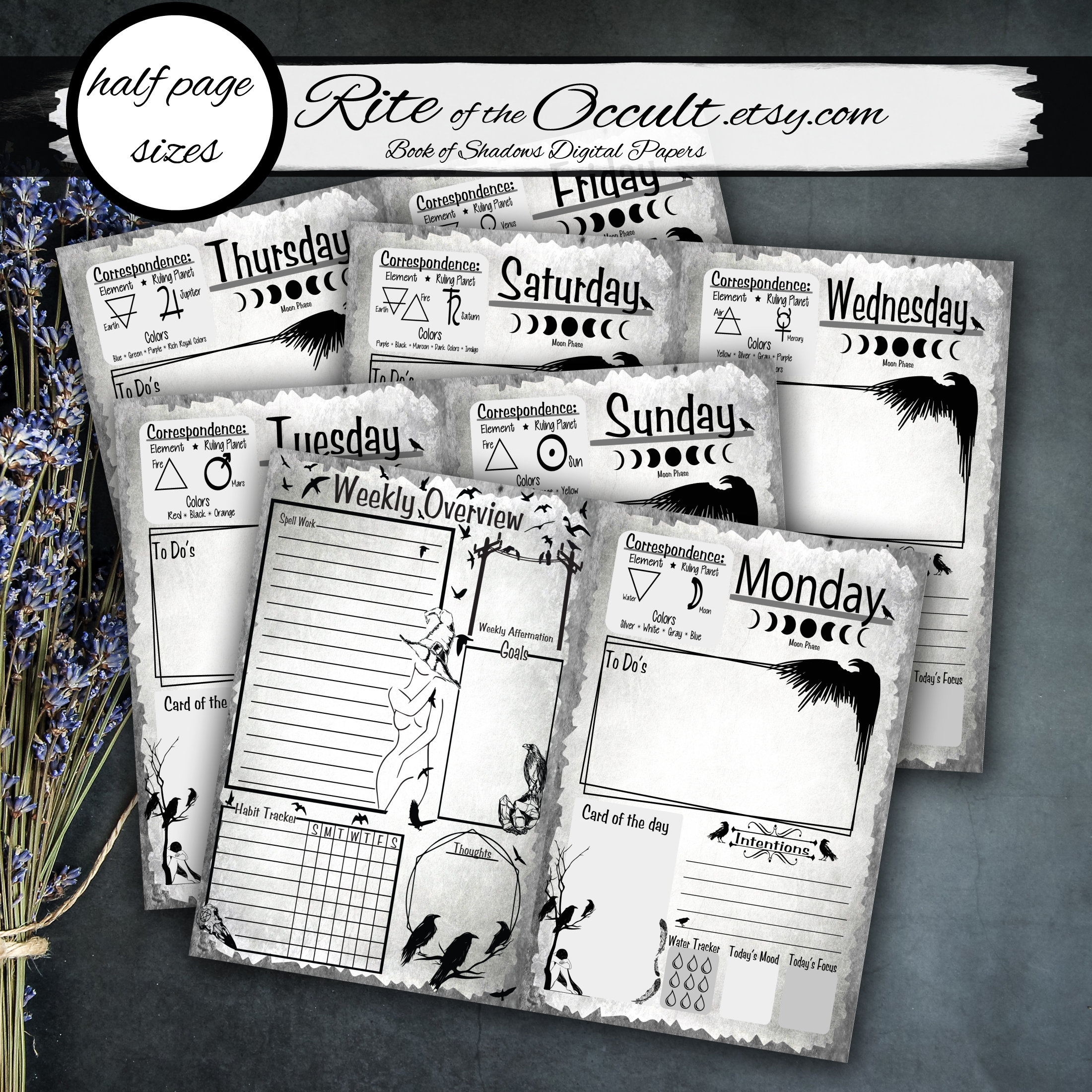 Raven Witchy Daily Weekly Planner Printable Pages, Undated Portrait ...