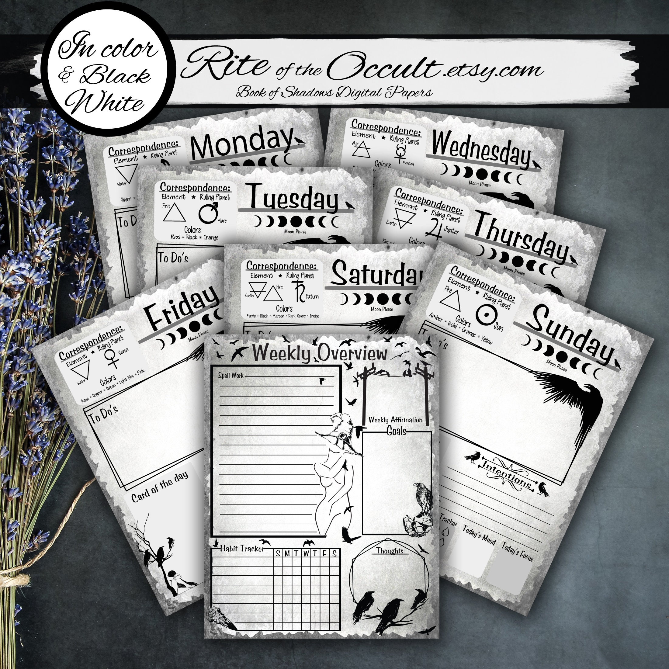 Raven Witchy Daily Weekly Planner Printable Pages, Undated Portrait ...