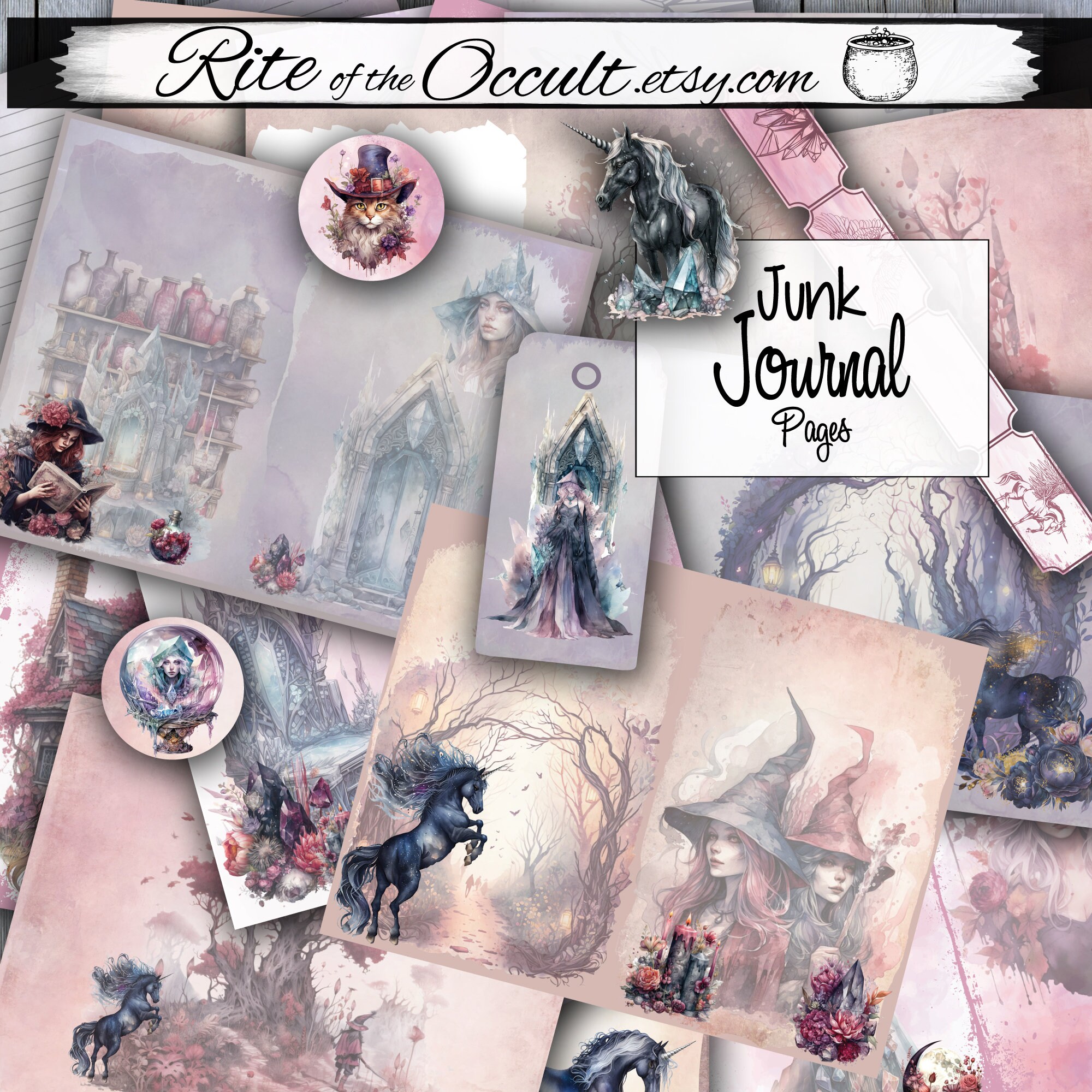 Crystal Witch Printable Junk Journal, Unicorn Ephemera Pages, Gothic ...