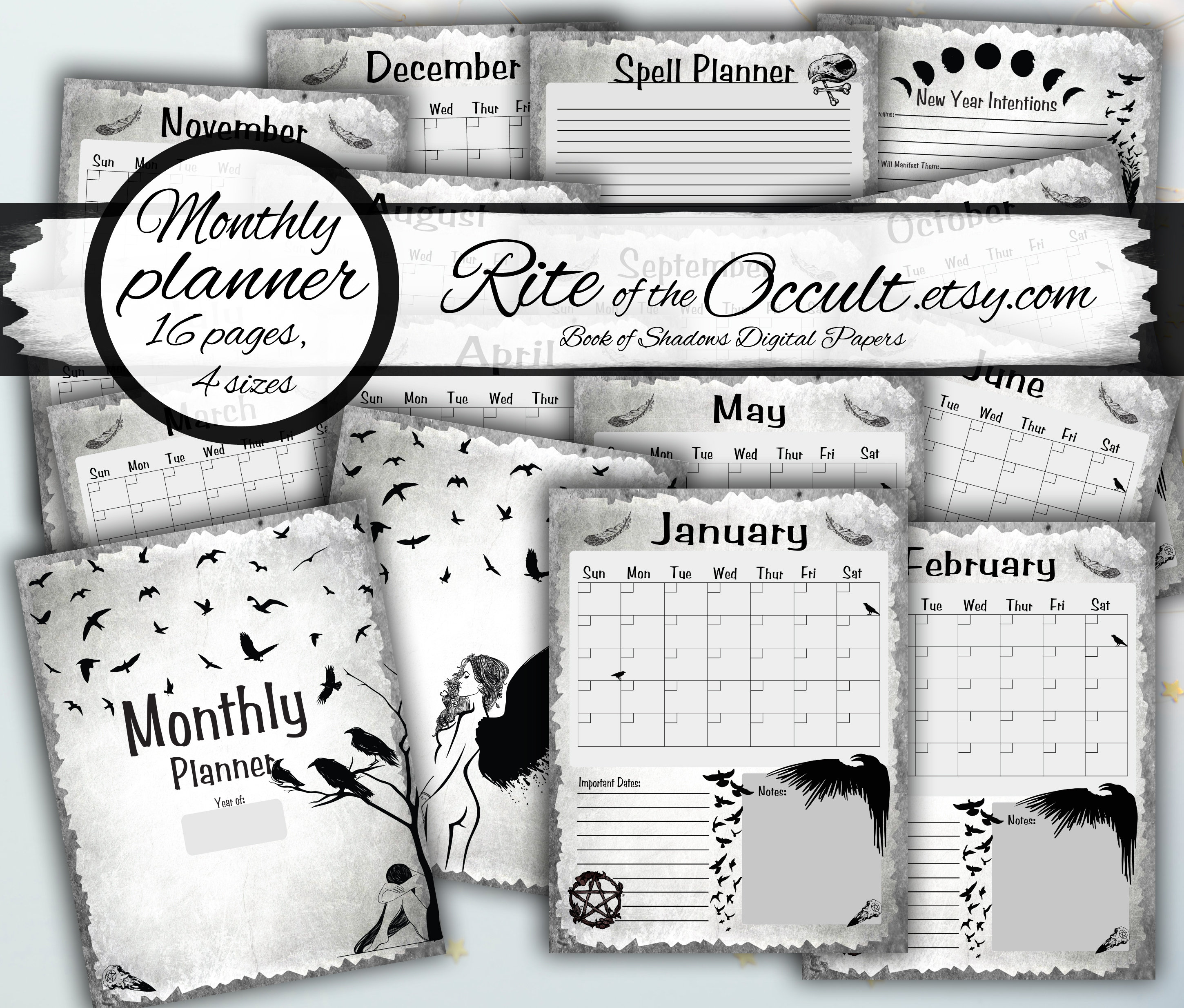 Raven Witch Monthly Planner Printable Pages, Witch Planner Digital ...