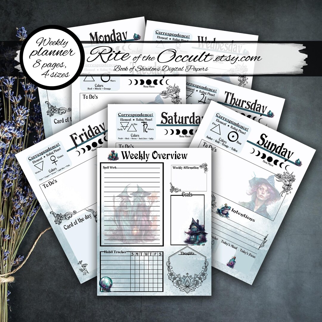 Teal Garden Witch Daily Planner Printable Pages, Witchy Weekly 7 Day ...