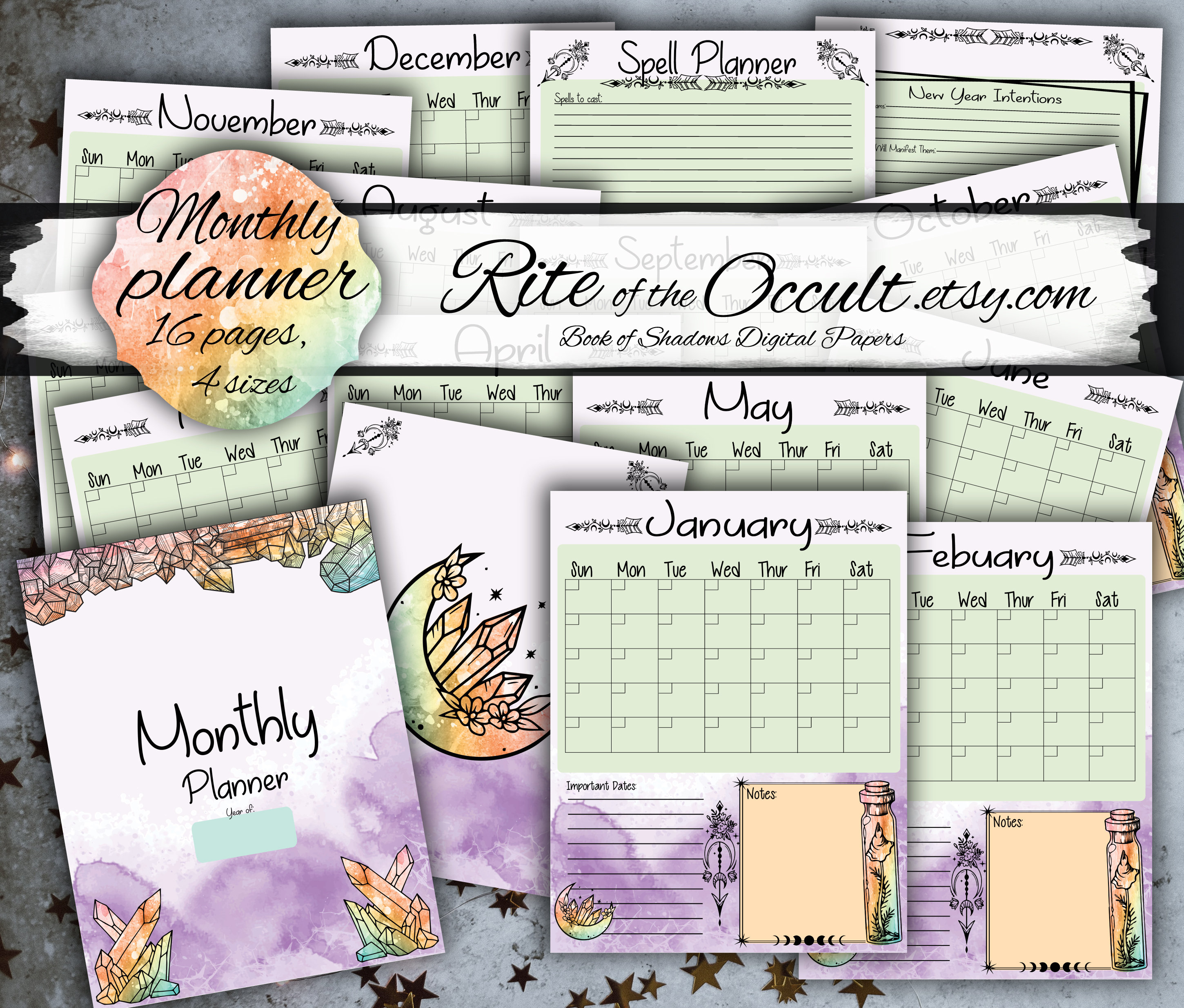 Witch Monthly Planner Printable Pages, Rainbow Planner Digital Download ...