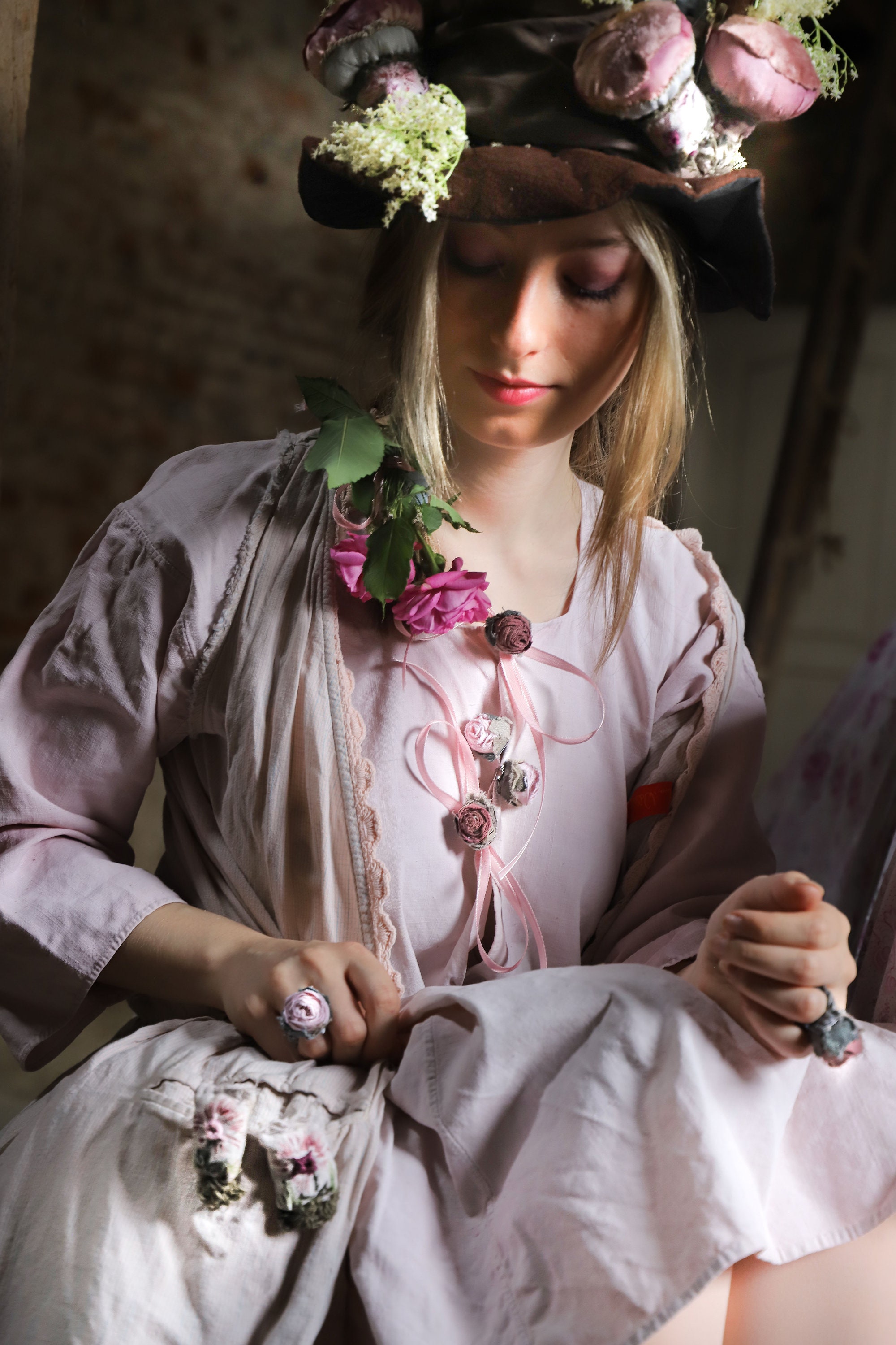 TWO Magic Roses, With Frayed Leaves, Hand-dyed Antique Linen, Soft Pink ...