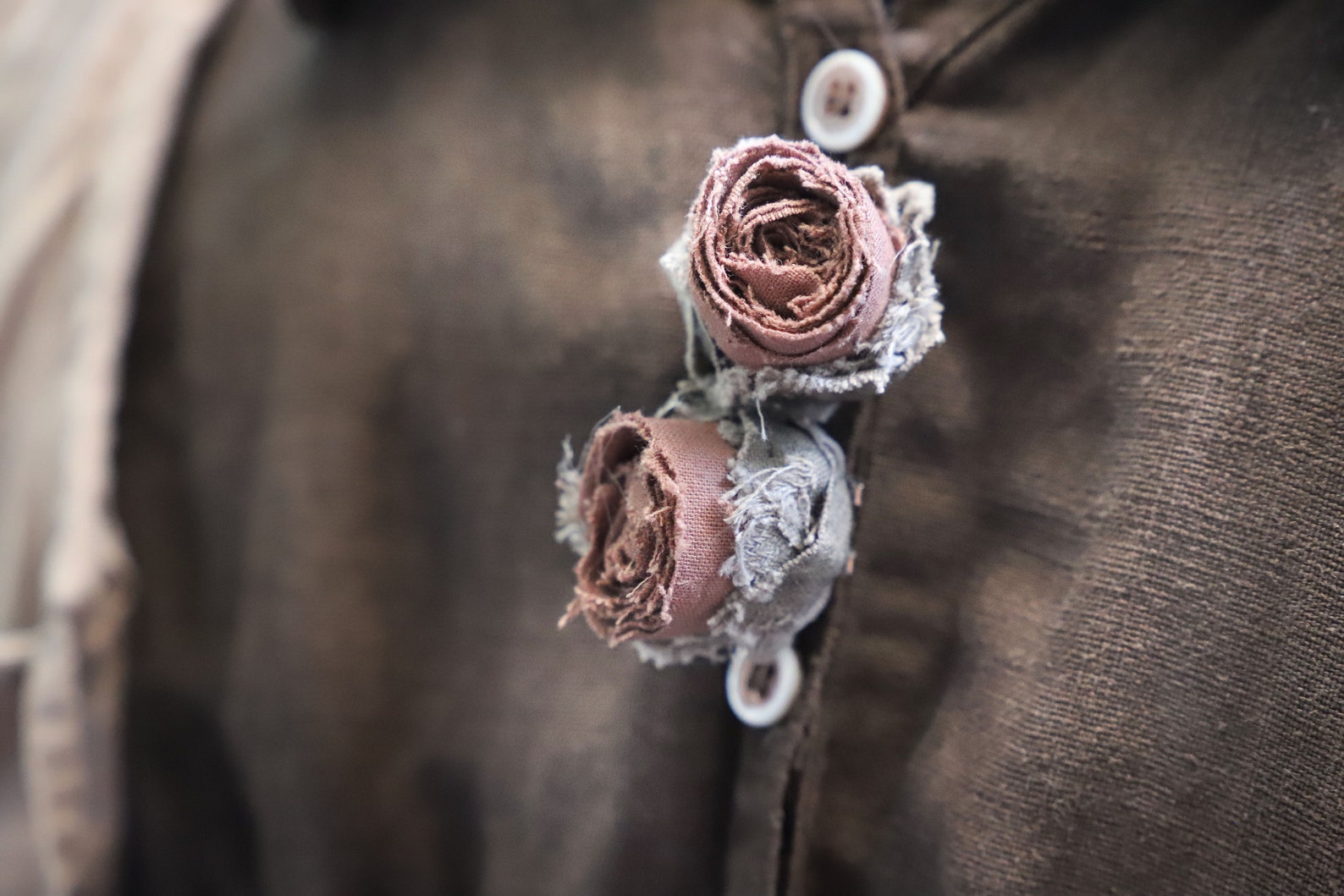 TWO ROSES, With Frayed Leaves, Hand Dyed Antique Linen, Old Pink ...